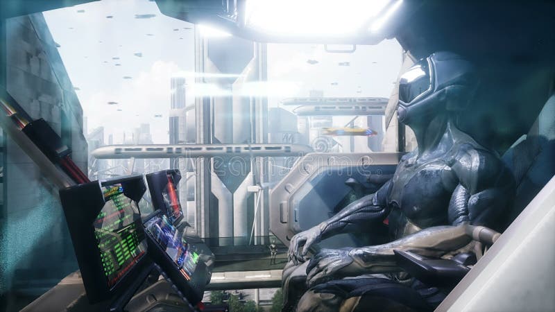 Robot Driver in Futuristic Space Ship. Future Concept. Realistic 4k ...