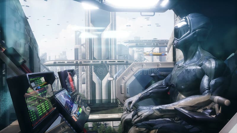 Robot Driver in Futuristic Space Ship. Future Concept. Realistic 4k ...