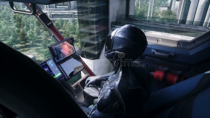 Robot Driver in Futuristic Space Ship. Future Concept. Realistic 4k ...
