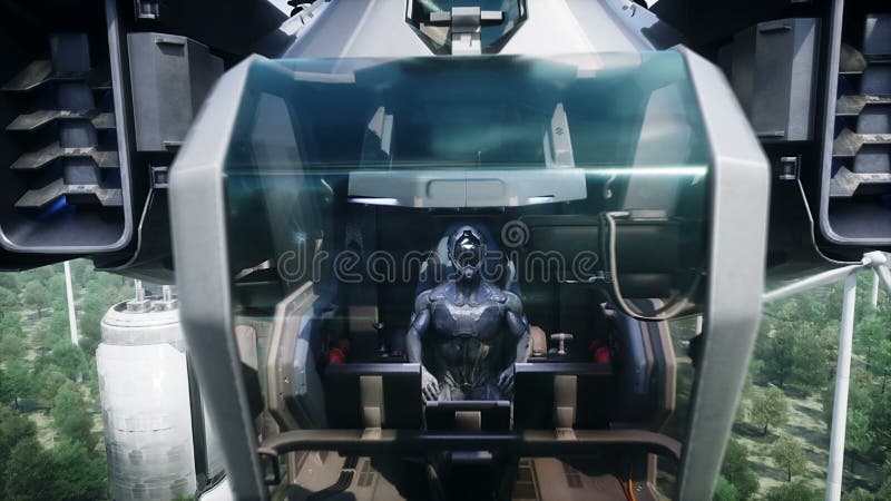 Robot Driver in Futuristic Space Ship. Future Concept. Realistic 4k ...
