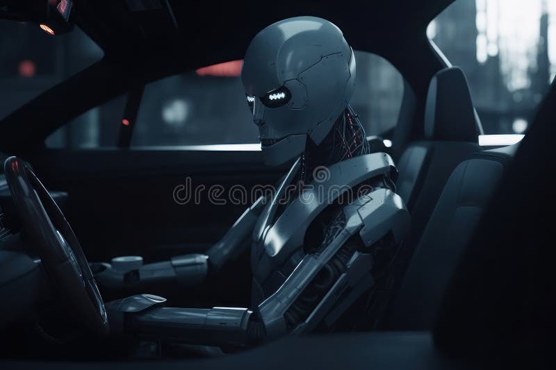 Robot Driver Sits in the Car, the Concept of the Future. AI Generative ...