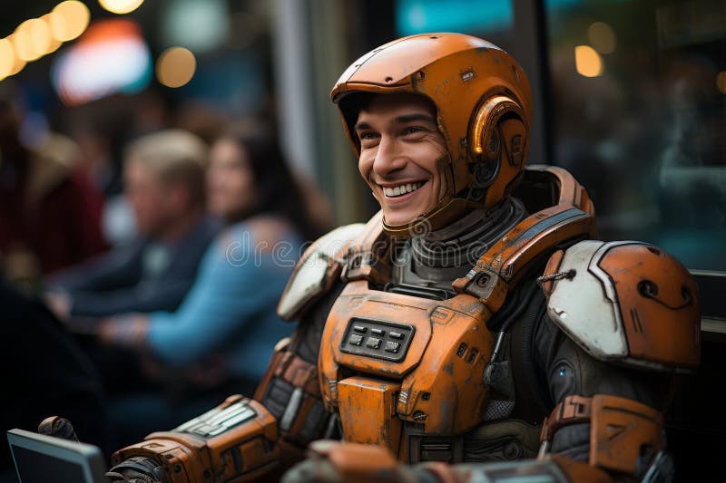 Robot Driver Smiles Behind the Car Steering Wheel, Futuristic ...