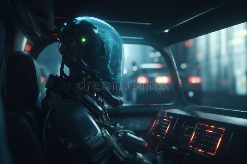 The Robot Drives a Car, the Concept of the Future. AI Generative Stock ...