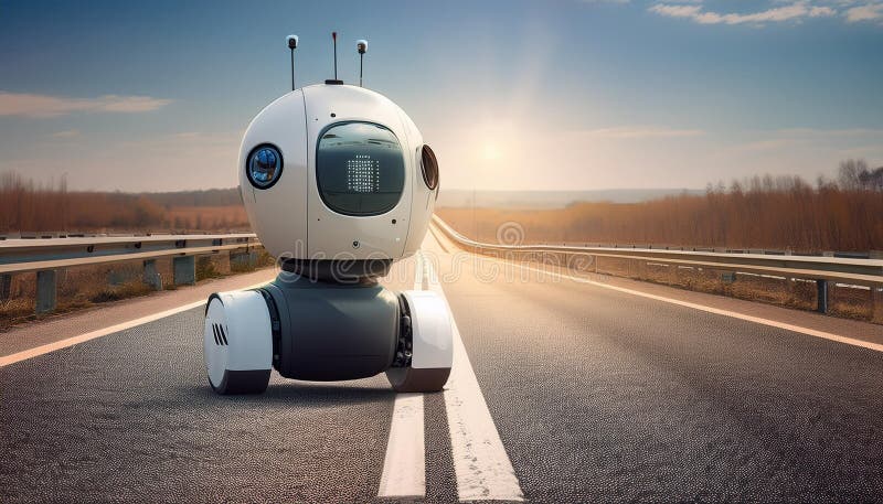 A Robot is Driving Down a Road Stock Illustration - Illustration of ...