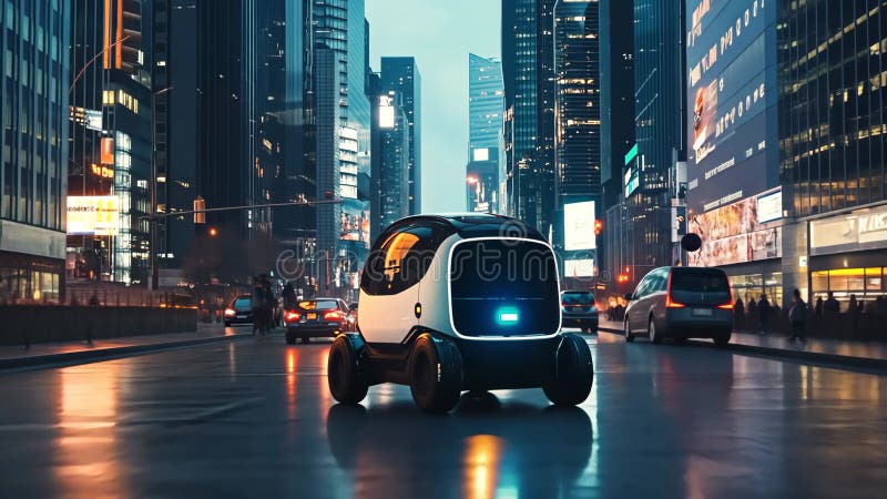 A Robot is Driving through a Warehouse with Boxes Stacked on Top of ...