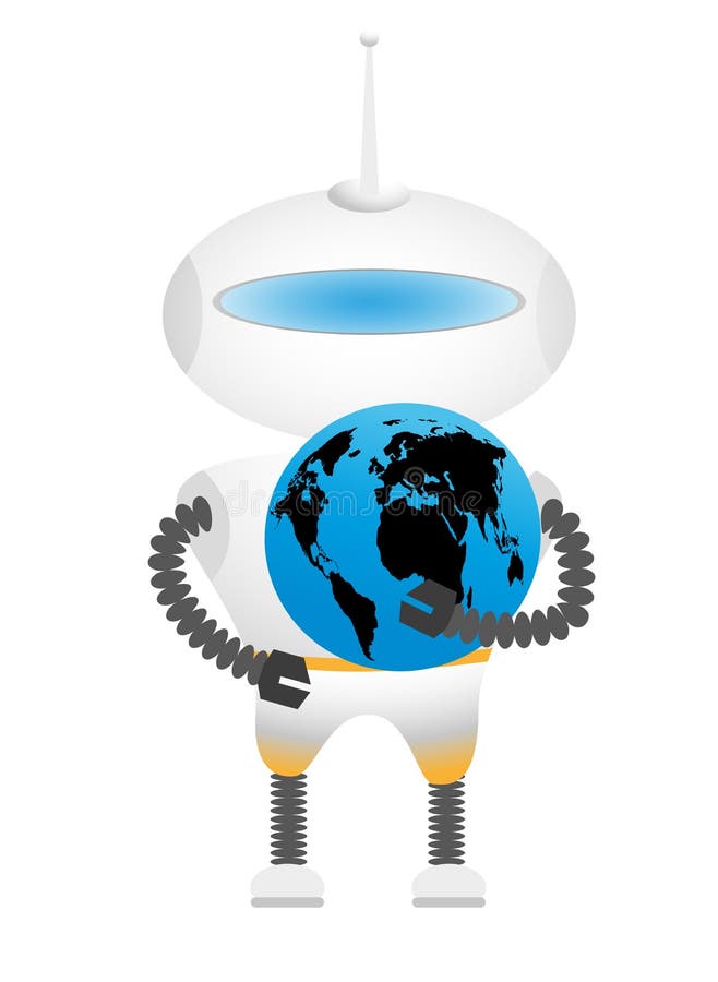 Robot Keeps the Earth. Planet in Hands at High Technology. Conceptual ...