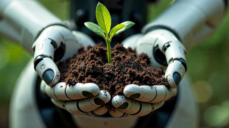 Robot Ecologist Artificial Intelligence Hold Soil Sprout in Hands. AI ...