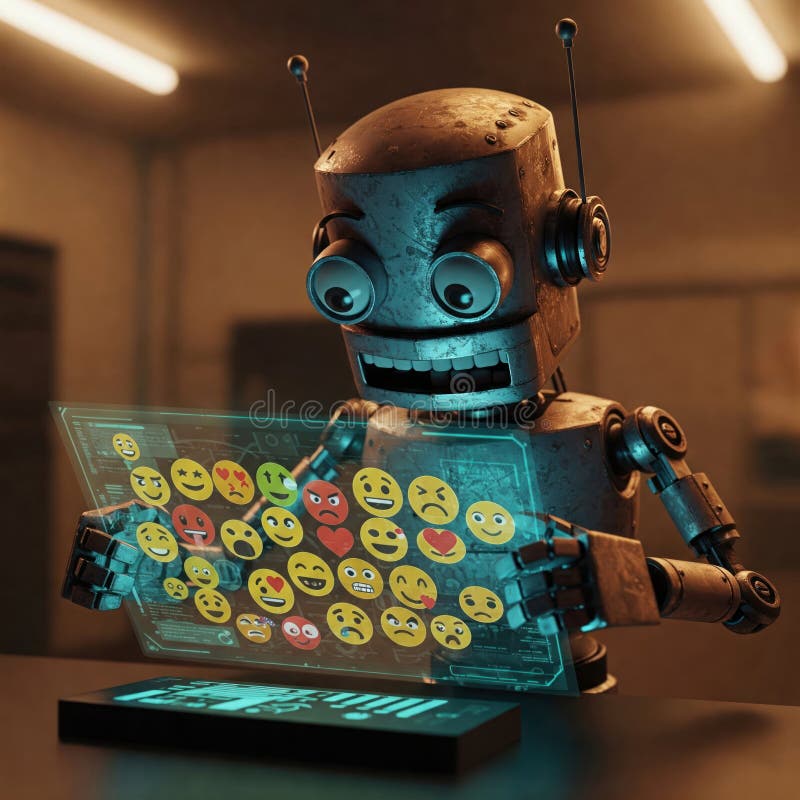 A Robot with Emotions on the Screen is Studying Emoticons. Stock Photo ...