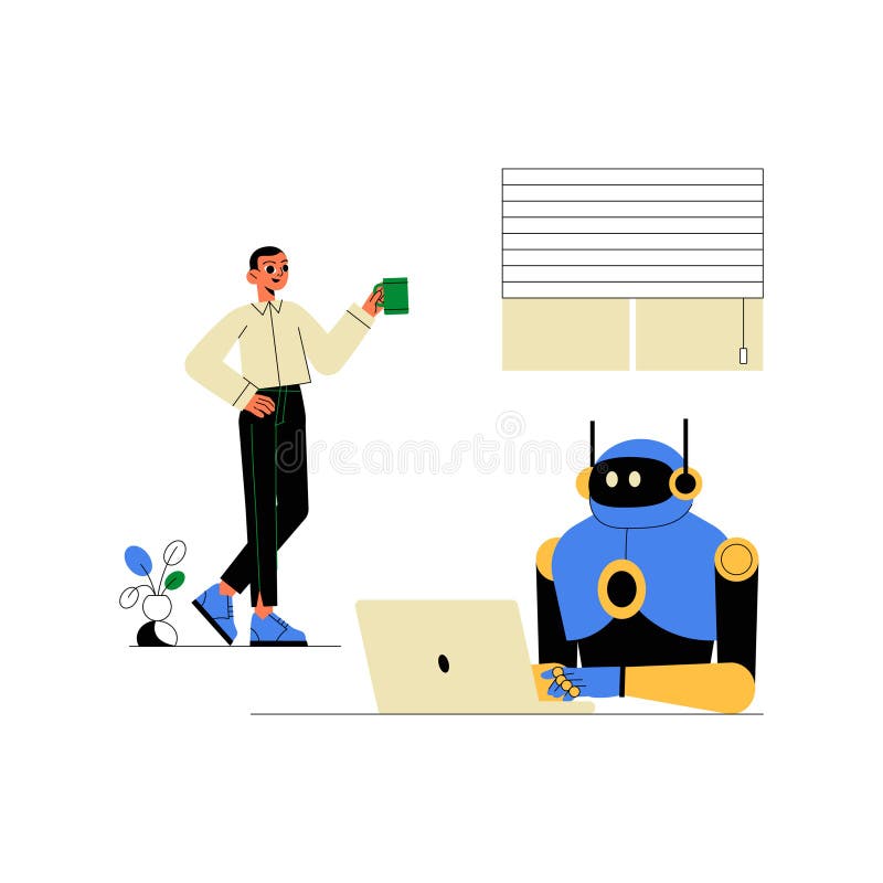 Robot Employee Using Laptop and Male Character with Coffee Cup in Flat ...