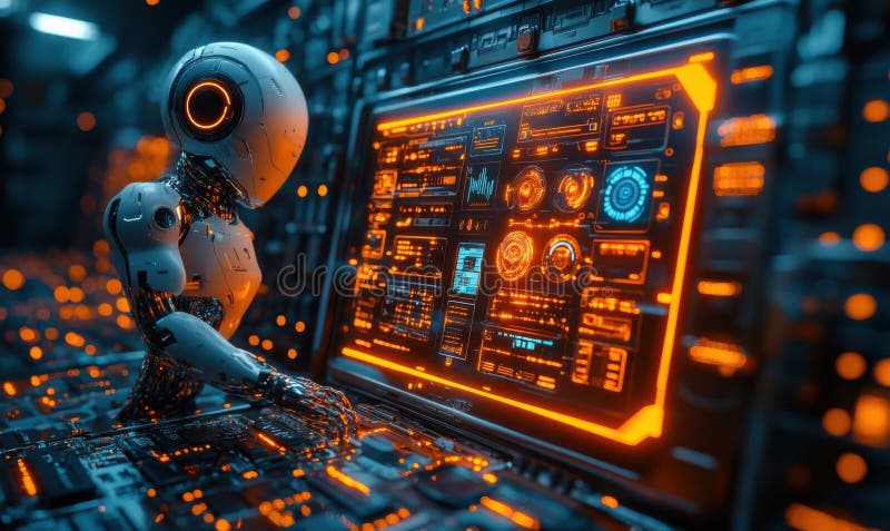 Robot Engaging with a Control Panel in a Neon Setting Stock Image ...