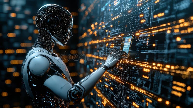 Robot Engaging with Data Interface Futuristic Environment Digital Art ...