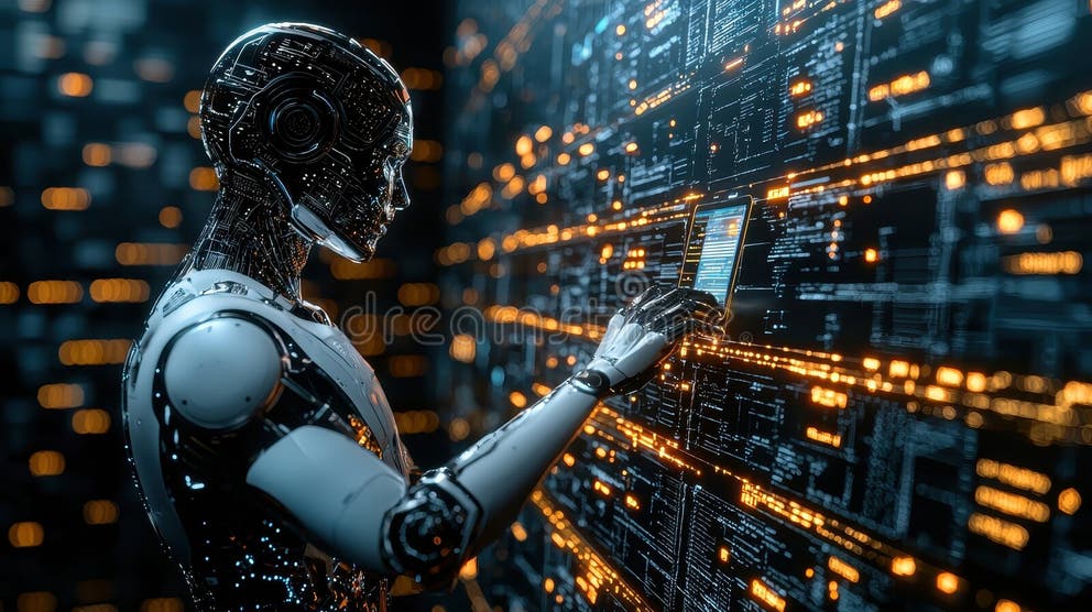 Robot Engaging with Data Interface Futuristic Environment Digital Art ...