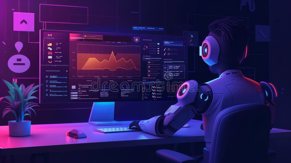 A Robot Engineer at a Desk Using a Computer To Build a Robot with ...