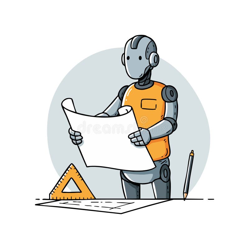 Robot Engineer Examining Blueprint with Drafting Tools and Pencil in ...