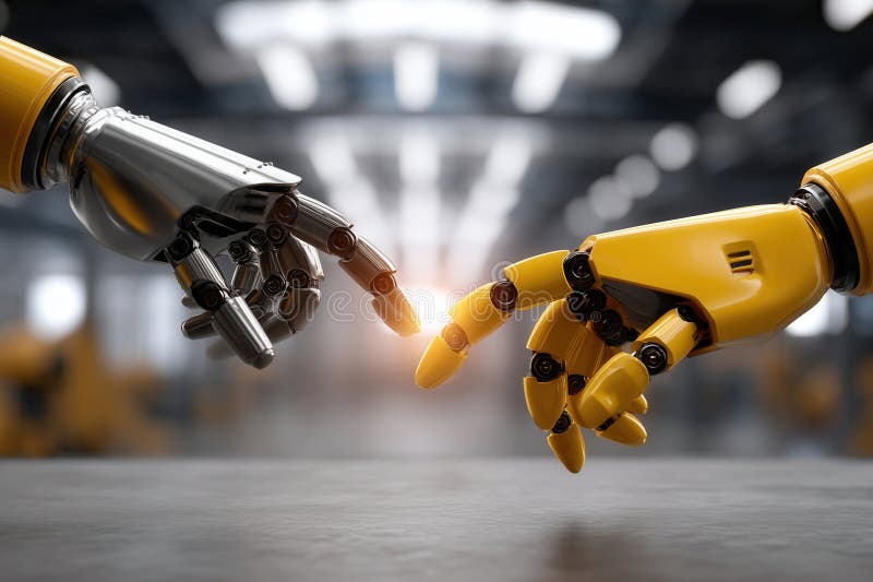 Robot and Engineer Reach for Tool in Modern Factory Setting with ...