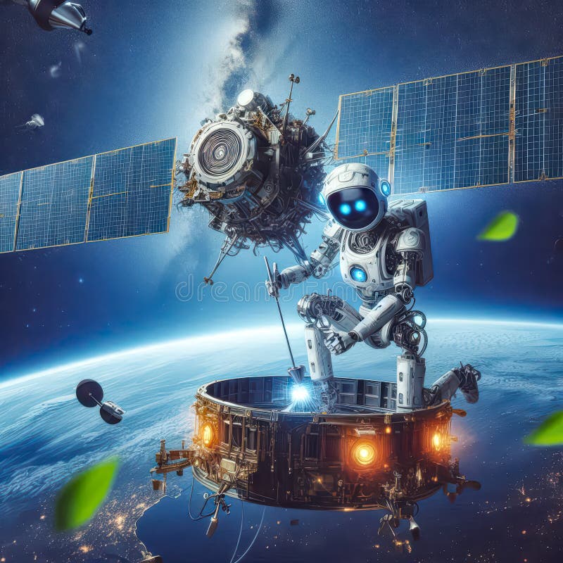 Robot Engineer Repairing Satellite in Low Earth Orbit during Nighttime ...