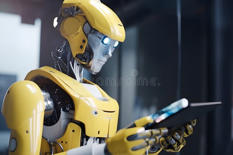 Robot Engineer Wearing Yellow Helmet Holding Digital Tablet in Hands ...