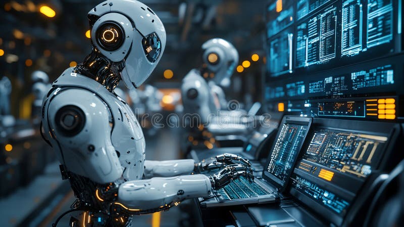 Robot Engineers Stand on a Platform, Working with Laptop. Automation ...