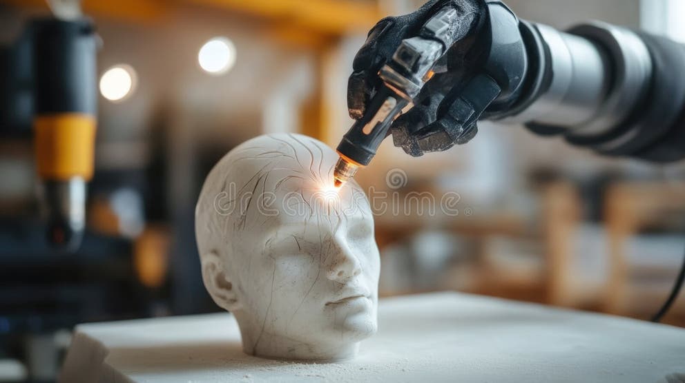 Robot Engraving Human Head Sculpture with Laser in Workshop Stock Photo ...