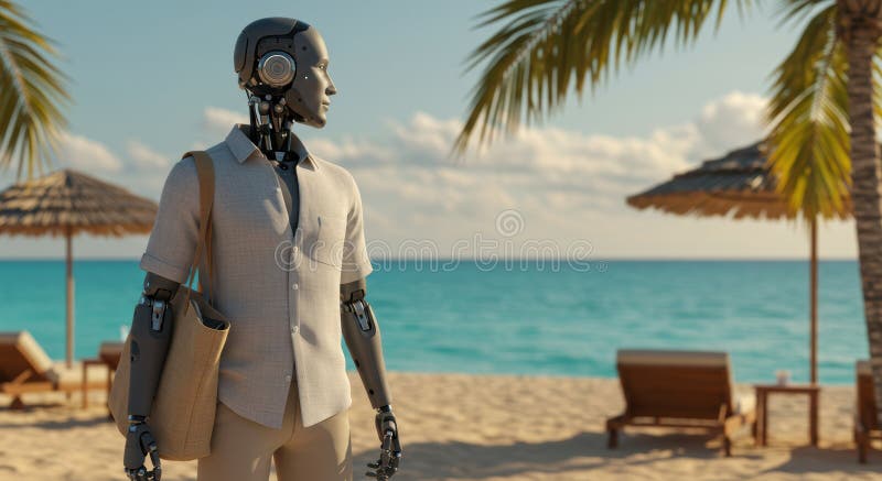 Robot Enjoying Relaxed Beach Vacation Under Palm Trees Stock Photo ...