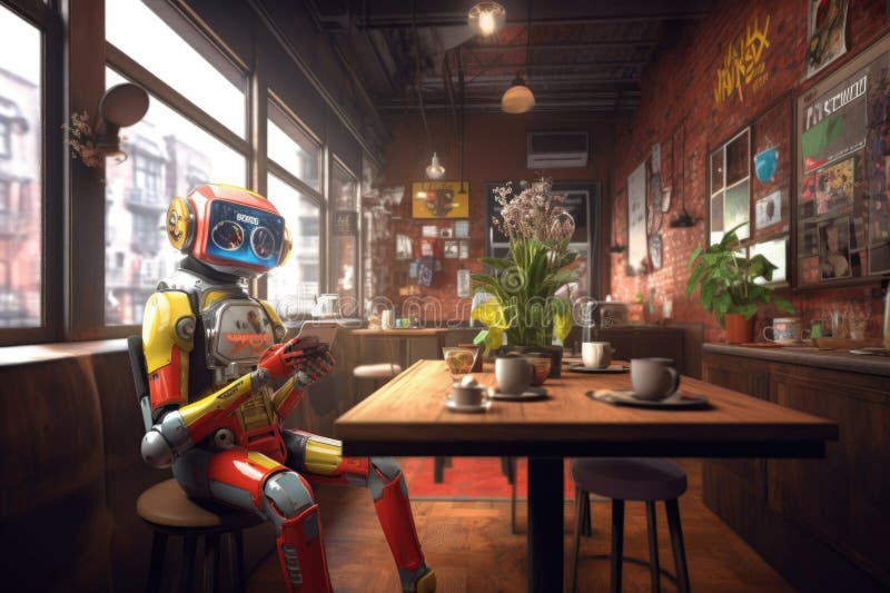 Robot Enjoying a Virtual Reality Coffee Break in a Cafe Setting Stock ...