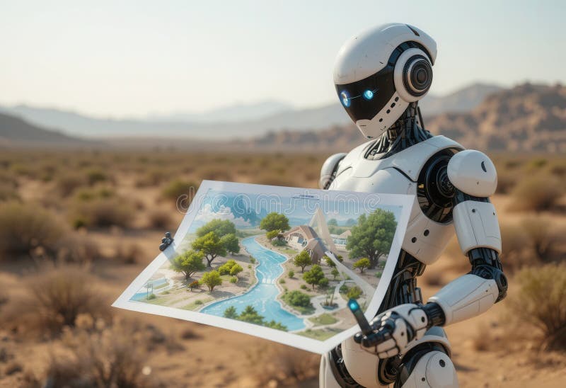 Robot Analyzing Landscape Design in a Desert Location Stock ...