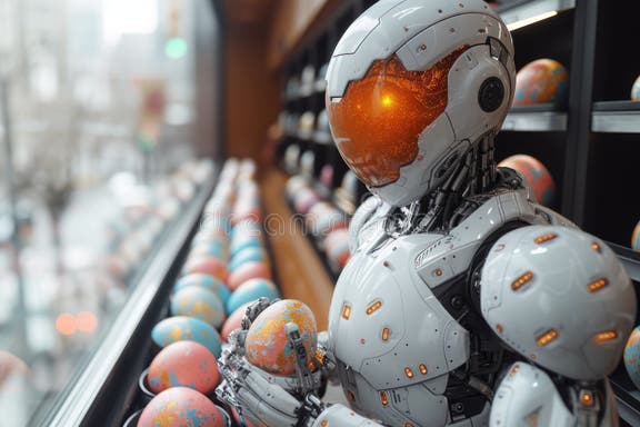 A Robot Examining an Easter Egg Against a Backdrop of Nature Indoors ...