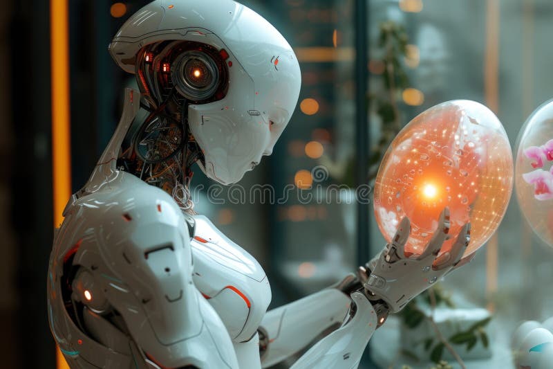 A Robot Examining an Easter Egg Against a Backdrop of Nature Indoors ...