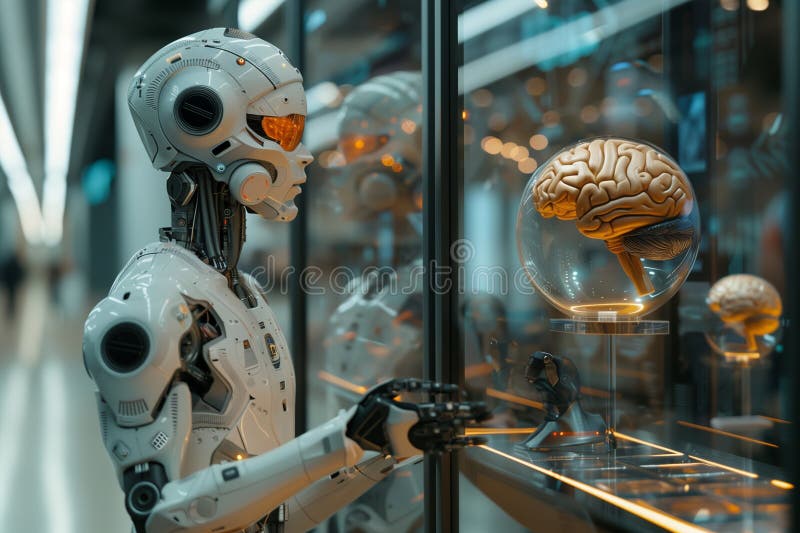 Robot Examining Human Brain in Display Case Stock Photo - Image of ...