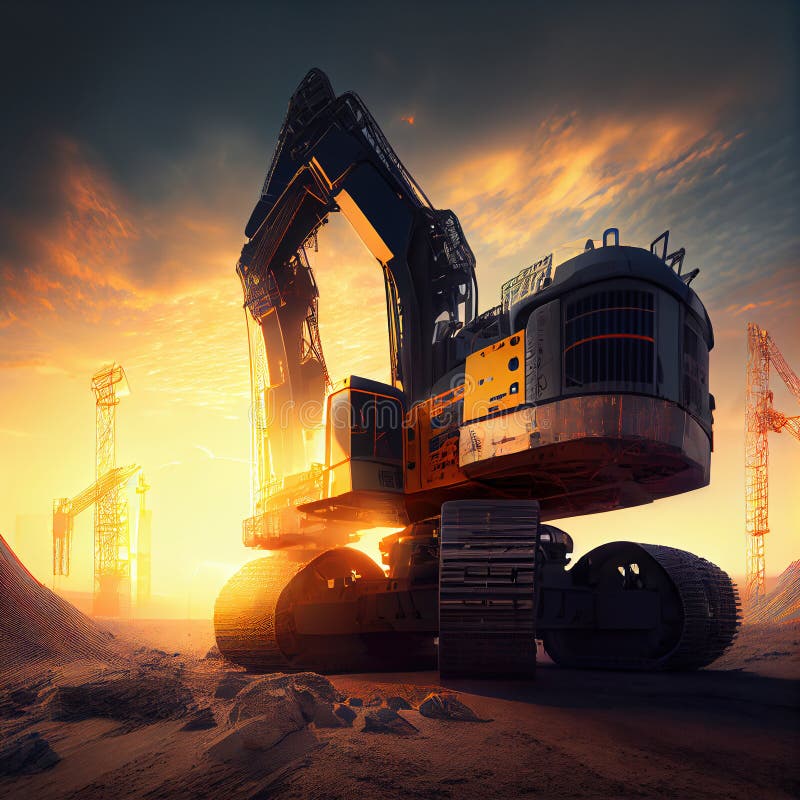 Robot Excavator Working on Construction Site at Sunrise Landscape ...