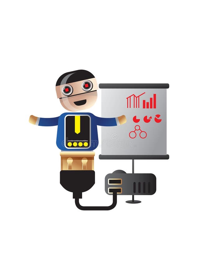 Robot Explaining the Business Graphs and Pie Charts. Vector ...