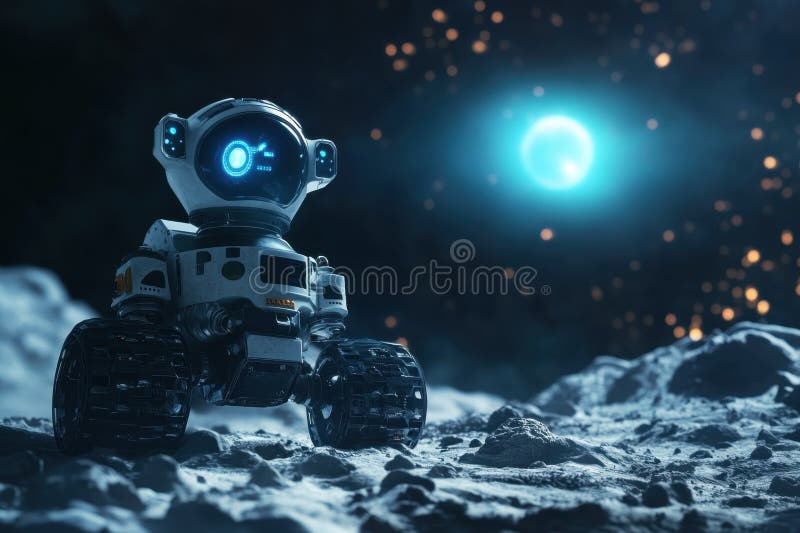 Robot Explorer on the Lunar Surface Observing Distant Celestial Body at ...