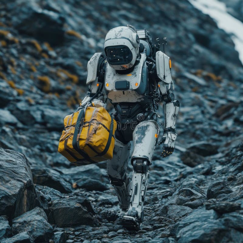 Robot Explorer Navigates Rugged Terrain with Sturdy Backpack Stock ...