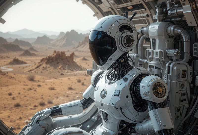 Robot Explorer Rests in Futuristic Base on a Desert Landscape Stock ...