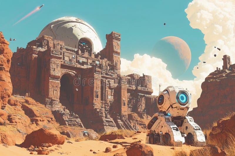 Robot Explores Ancient Ruins on a Distant Planet Under a Starry Sky ...