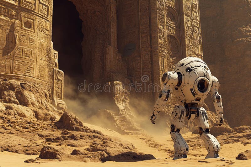 Robot Explores Ancient Ruins Distant Planet Under Starry Sky Multiple ...