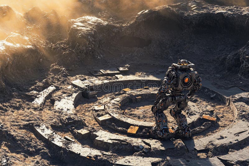 Robot Explores Ancient Ruins on a Distant Planet Under a Starry Sky ...