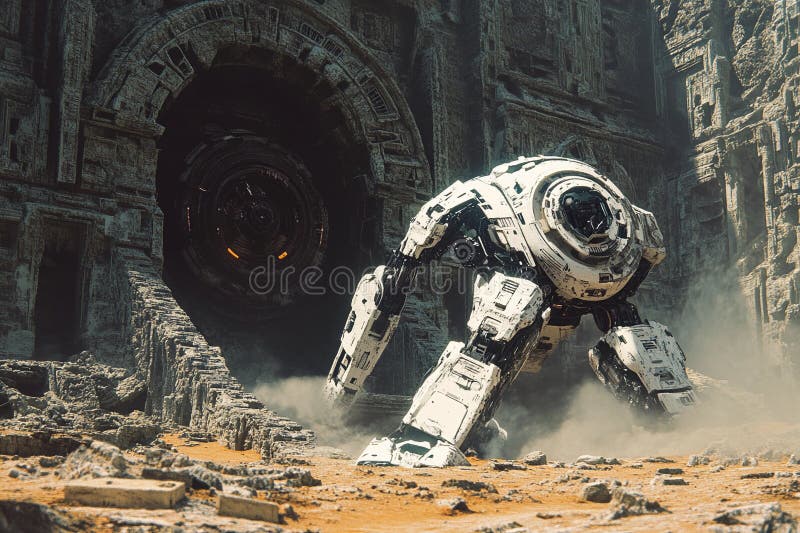 Robot Explores Ancient Ruins on a Distant Planet Under a Starry Sky ...
