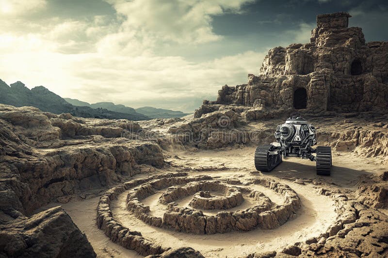 Robot Explores Ancient Ruins on a Distant Planet Under a Starry Sky ...