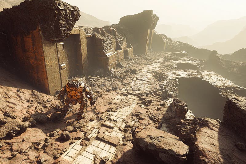 Robot Explores Ancient Ruins on a Distant Planet Under a Starry Sky ...