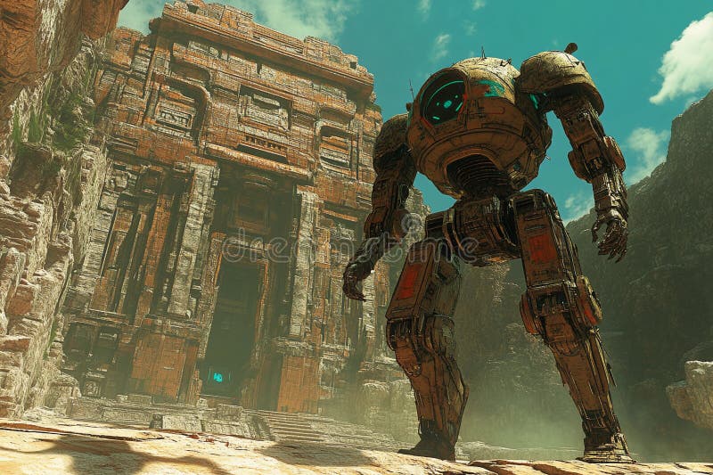 Robot Explores Ancient Ruins on a Distant Planet Under a Starry Sky ...