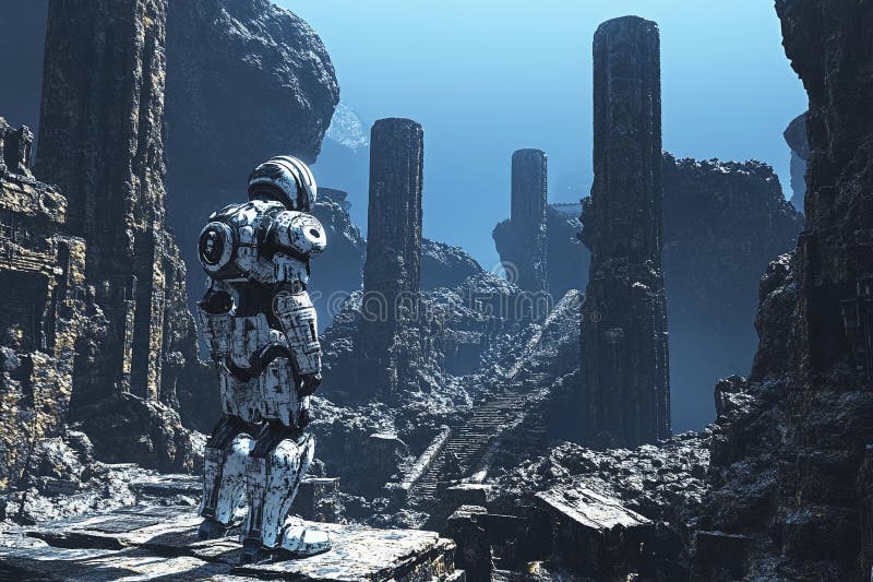 Robot Explores Ancient Ruins on a Distant Planet Under a Starry Sky ...