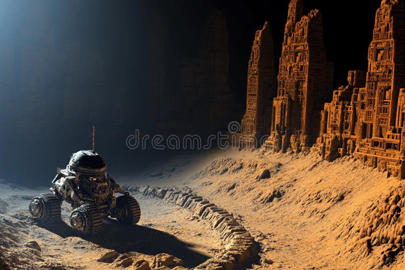 Robot Explores Ancient Ruins on a Distant Planet Under a Starry Sky ...