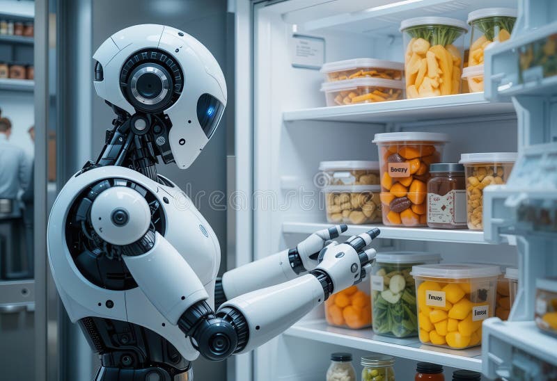 Robot Explores Organized Refrigerator in Modern Kitchen Setting Stock ...
