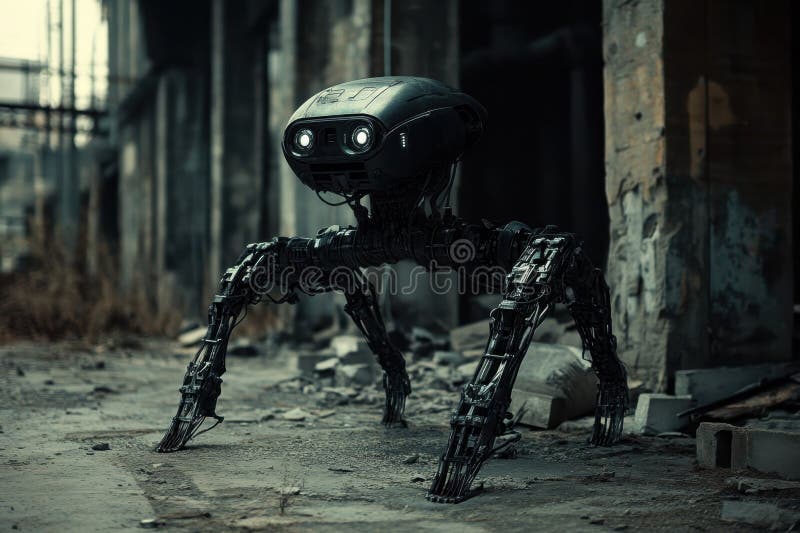 Robot Exploring Abandoned Industrial Site Amidst Rubble and Decay Stock ...