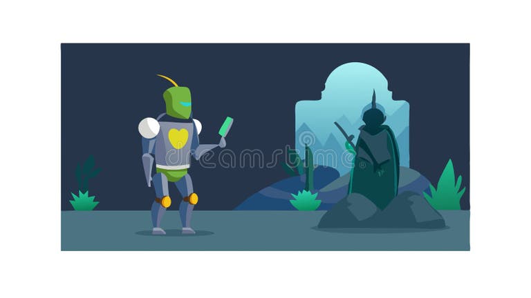 Robot Exploring Ancient Ruins, Tech and History, Discovery, Vector ...