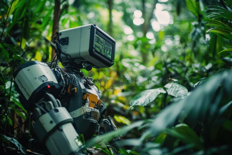Robot Exploring a Dense Jungle with Lush Greenery and Vibrant Foliage ...
