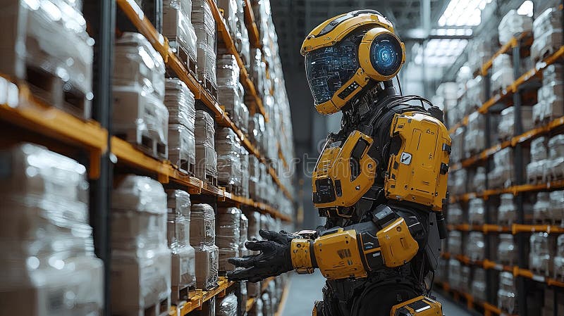 Robot Exploring Futuristic Warehouse Shelves with Advanced Storage ...