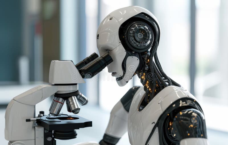 Robot Exploring through Microscope Stock Illustration - Illustration of ...