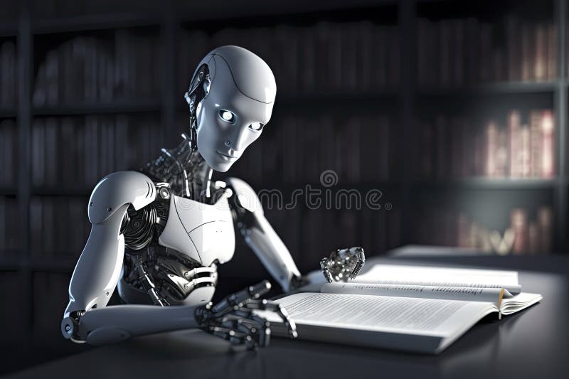 Robot Exploring New Bit Of Information And Reading Book Concept Of Machine Learning Stock